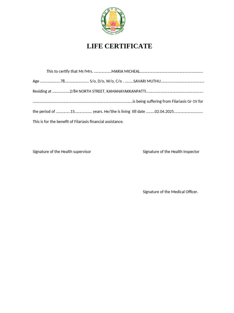Life Certificate for Filariasis Aid 2025 | PDF