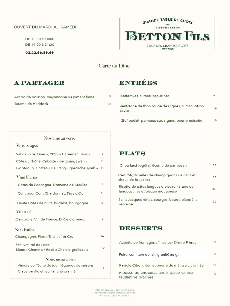 Menu de Betton Fils : Plats et Horaires | PDF | sauce | Nourritures