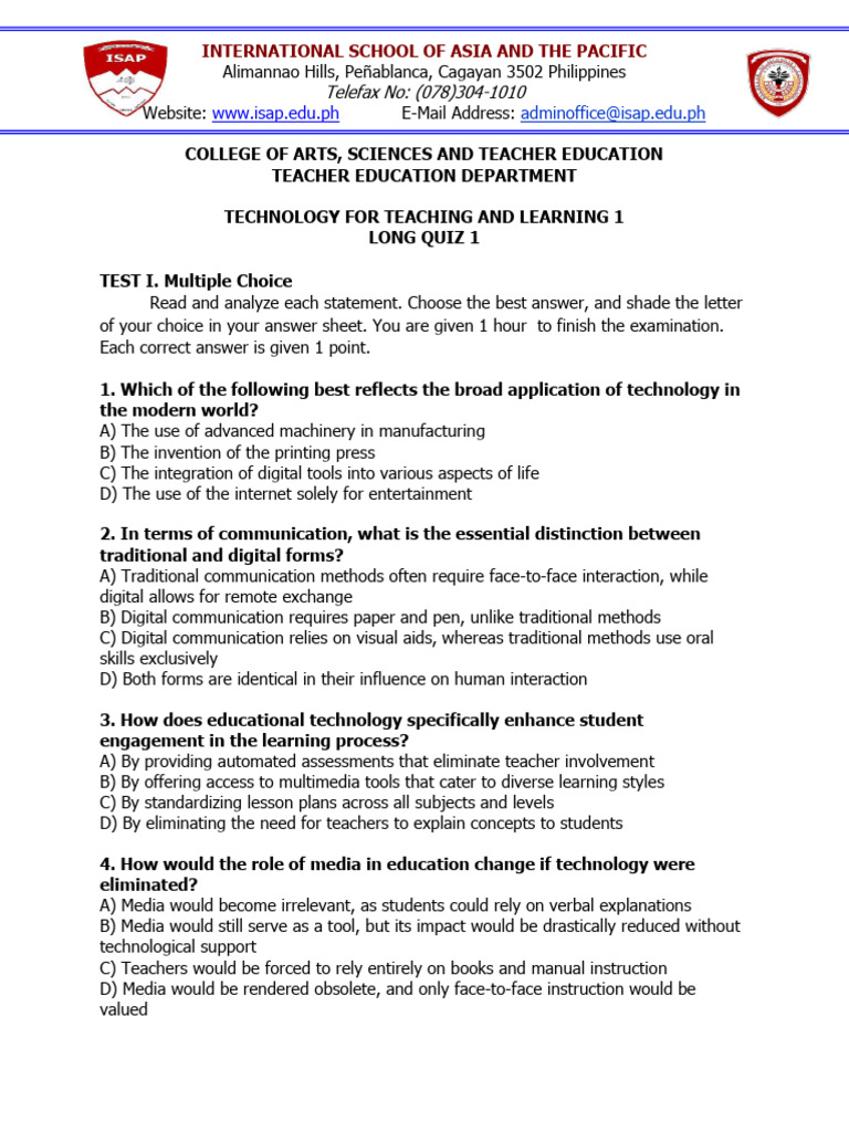 Technology for Teaching: Long Quiz 1 | PDF | Educational Technology ...