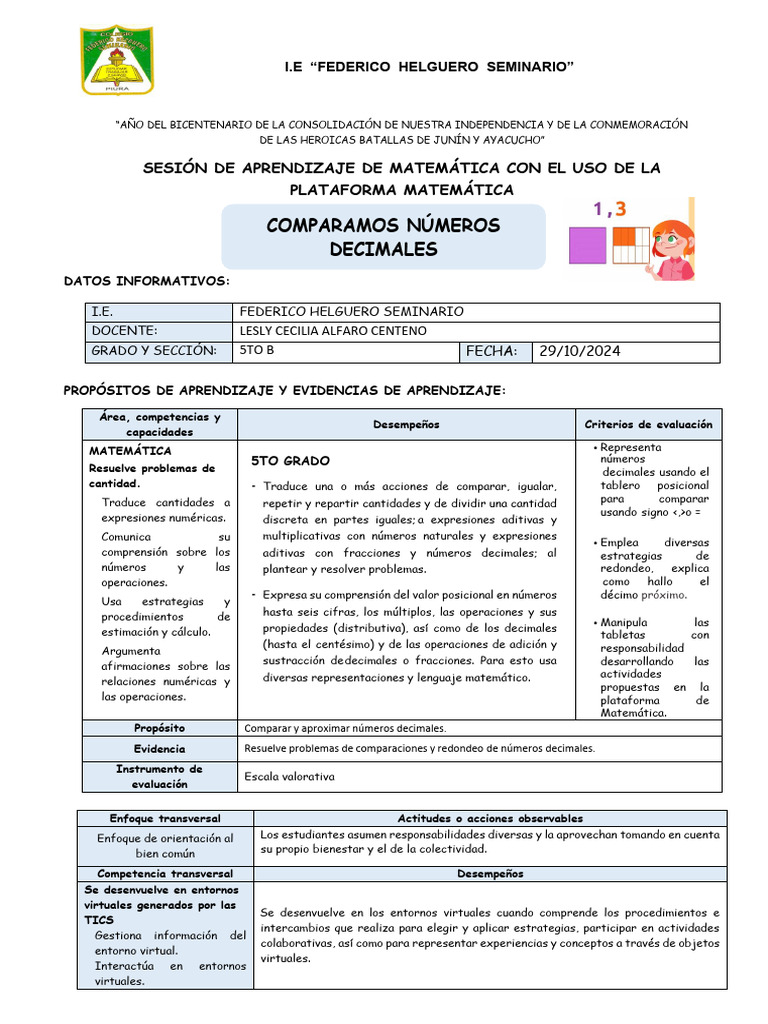 Sesión-Mate-Comparamos Números Decimales | PDF | Decimal | Aprendizaje