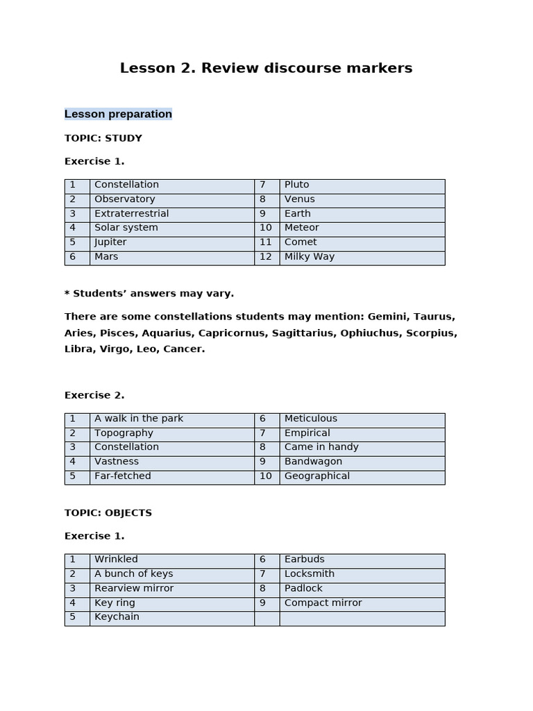 Answer Key. L2. Speaking - Lesson 2. Review Discourse Markers | PDF