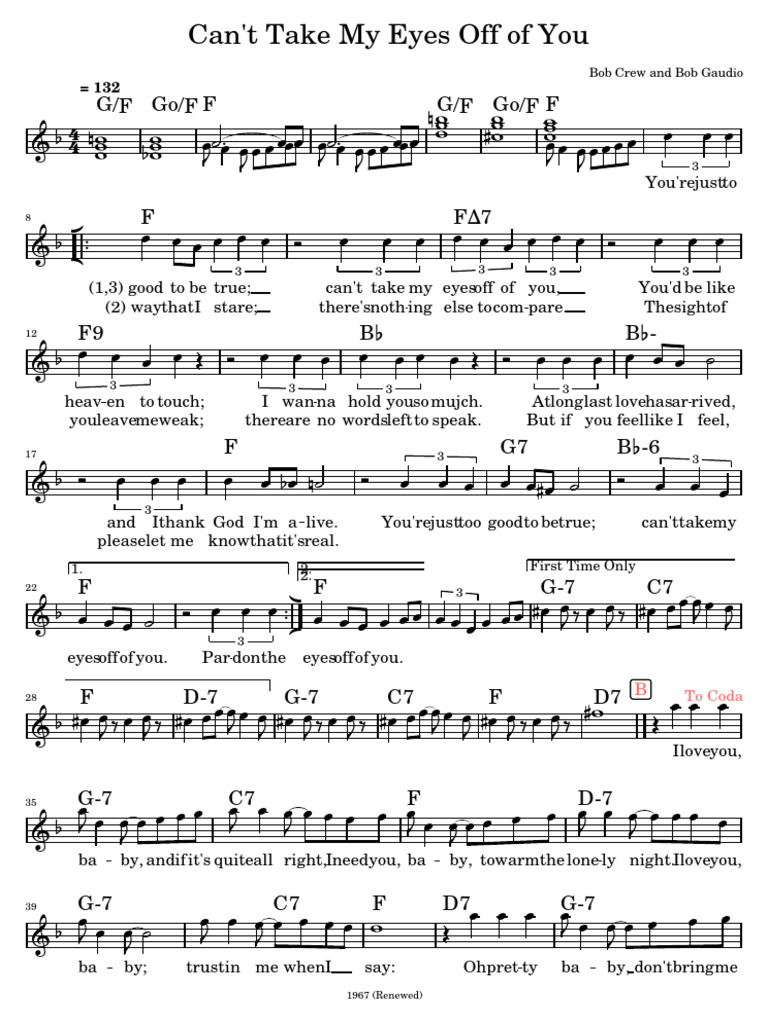 Cant Take My Eyes Off of You Lead Sheet With Lyrics | PDF | Songs ...