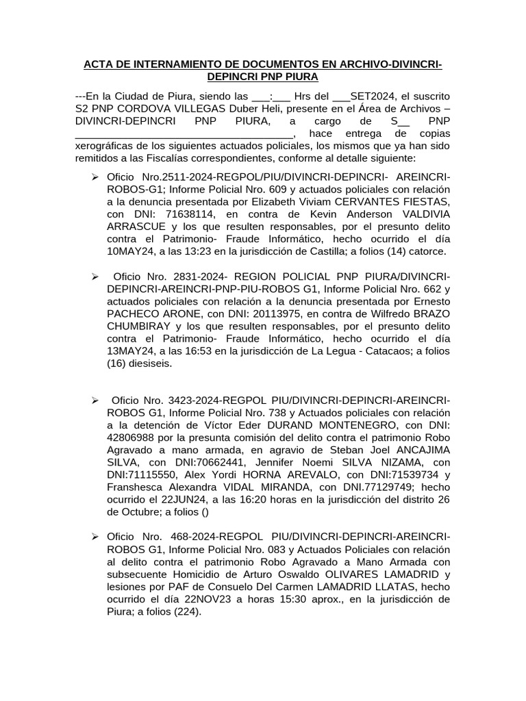 Acta de Internamiento Documentos PNP Piura | PDF