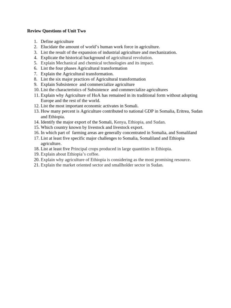 Unit Two Agriculture Review Questions | PDF
