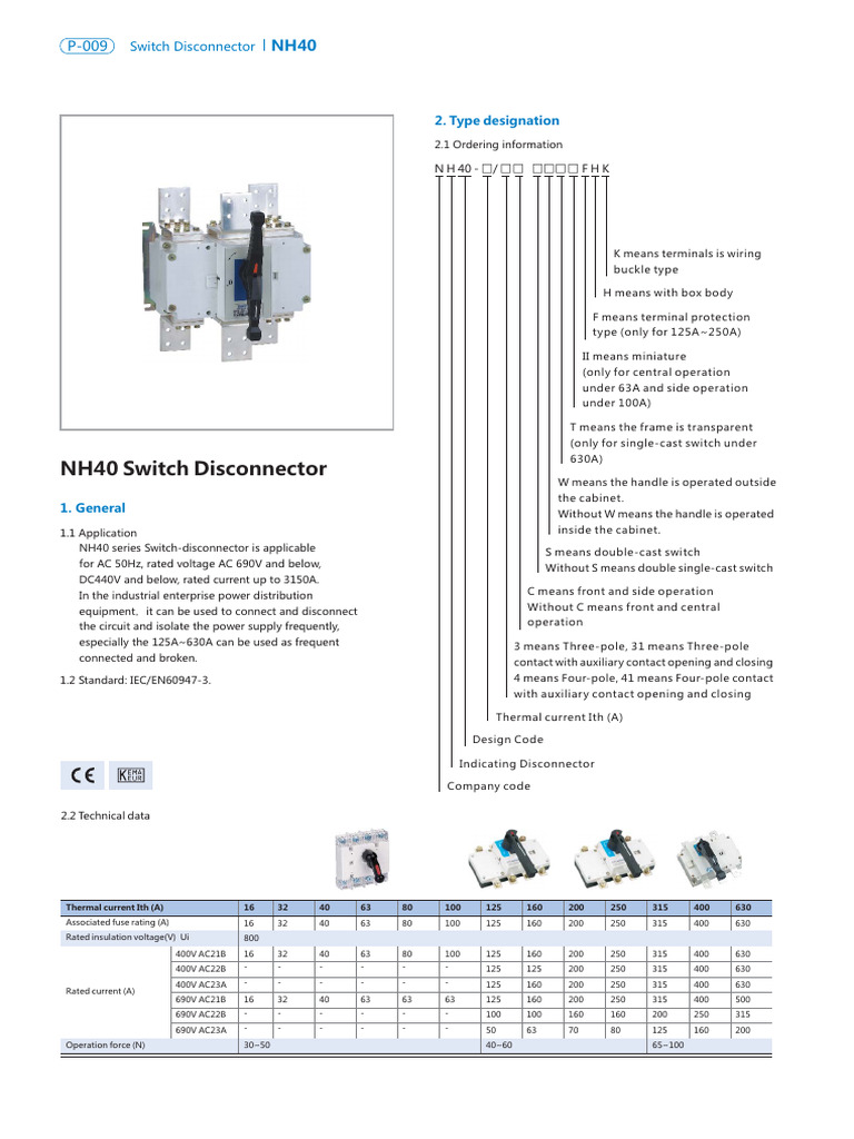 NH40 Switch Disconnector Sample | PDF | Switch | Electricity