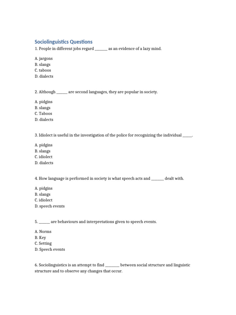 Sociolinguistics Quiz Questions | PDF