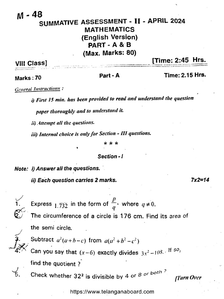 Tsbie Class 8 Sa2 Mathematics M 48 Apr 2024 | PDF