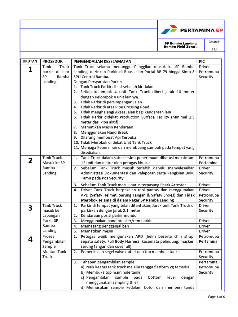 SOP Proses Unloading Tank Truck RAMBA LANDING | PDF