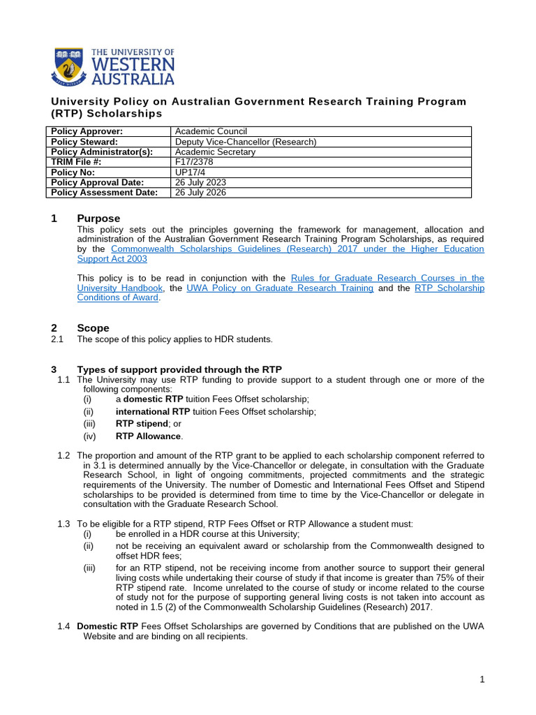 Australian Government Research Training Program Scholarships Policy | PDF | Postgraduate ...