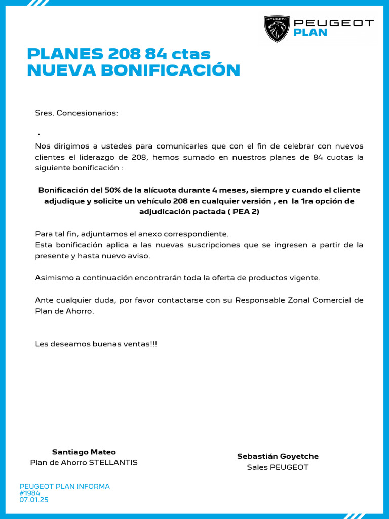 Bonificación en Plan Peugeot 84 Cuotas | PDF