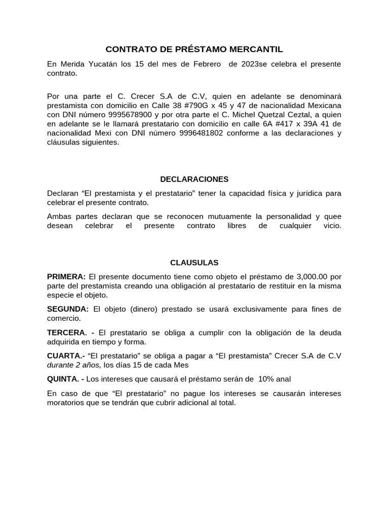 Contrato de Préstamo Mercantil | PDF