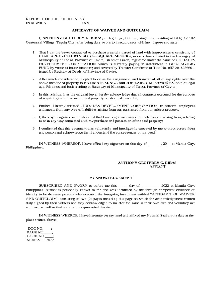 Waiver and Quitclaim by Anthony Baylon | PDF | Affidavit | Private Law