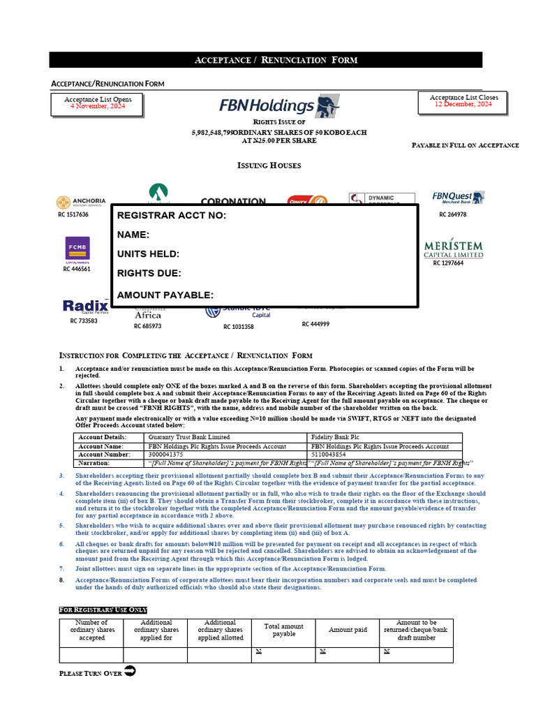 FBNH Rights Issue Acceptance Form | PDF | Cheque | Banks