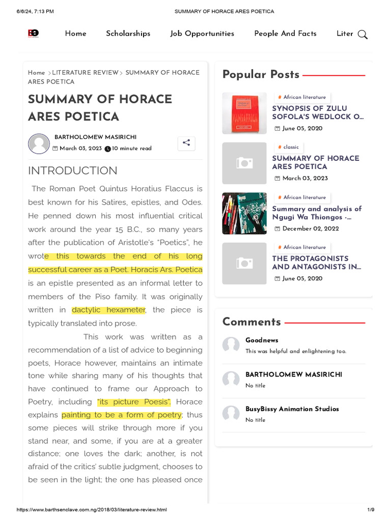 Summary of Horace Ares Poetica | PDF | Horace | Poetry