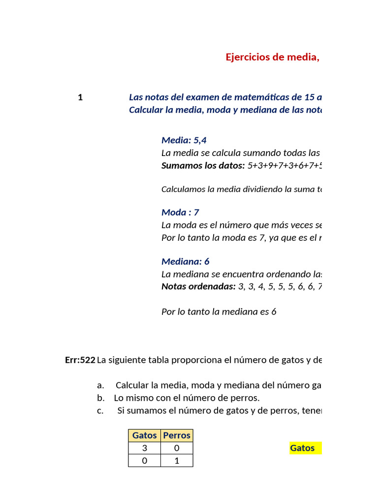 Ejercicios de Media, Moda y Mediana | PDF | Matemáticas