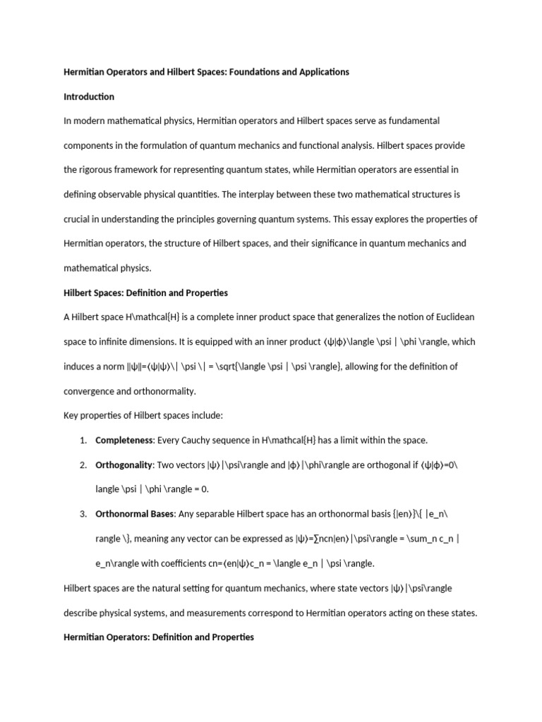 Hermitian Operators and Hilbert Spaces | PDF | Hilbert Space | Quantum Mechanics