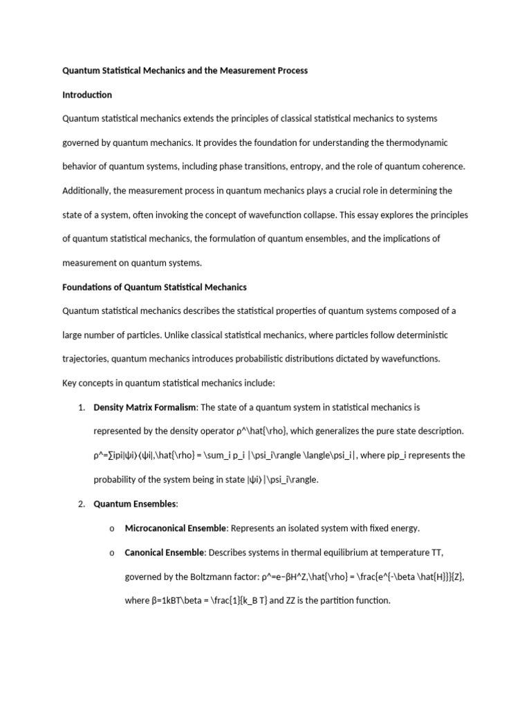 Quantum Statistical Mechanics and The Measurement Process | PDF ...