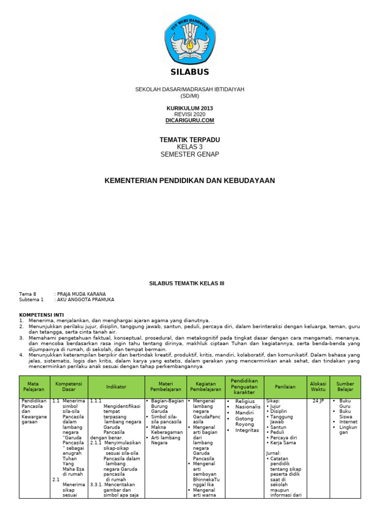 Silabus Tema 8 Kelas III Rev. | PDF