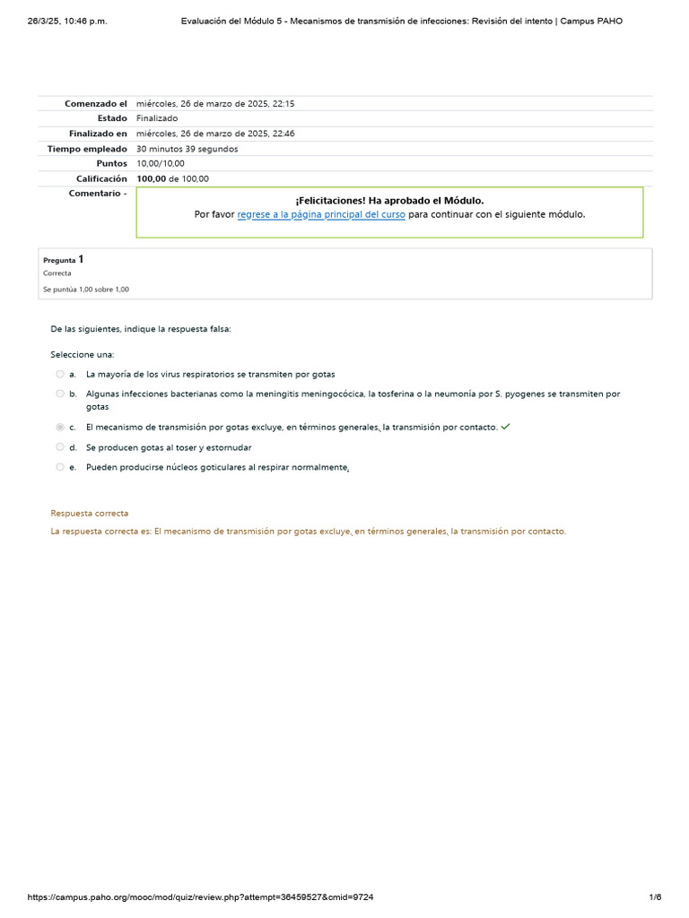 Evaluación Del Módulo 5 - Mecanismos de Transmisión de Infecciones - Revisión Del Intento ...