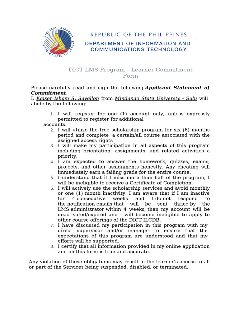 DICT Learner Commitment Form | PDF