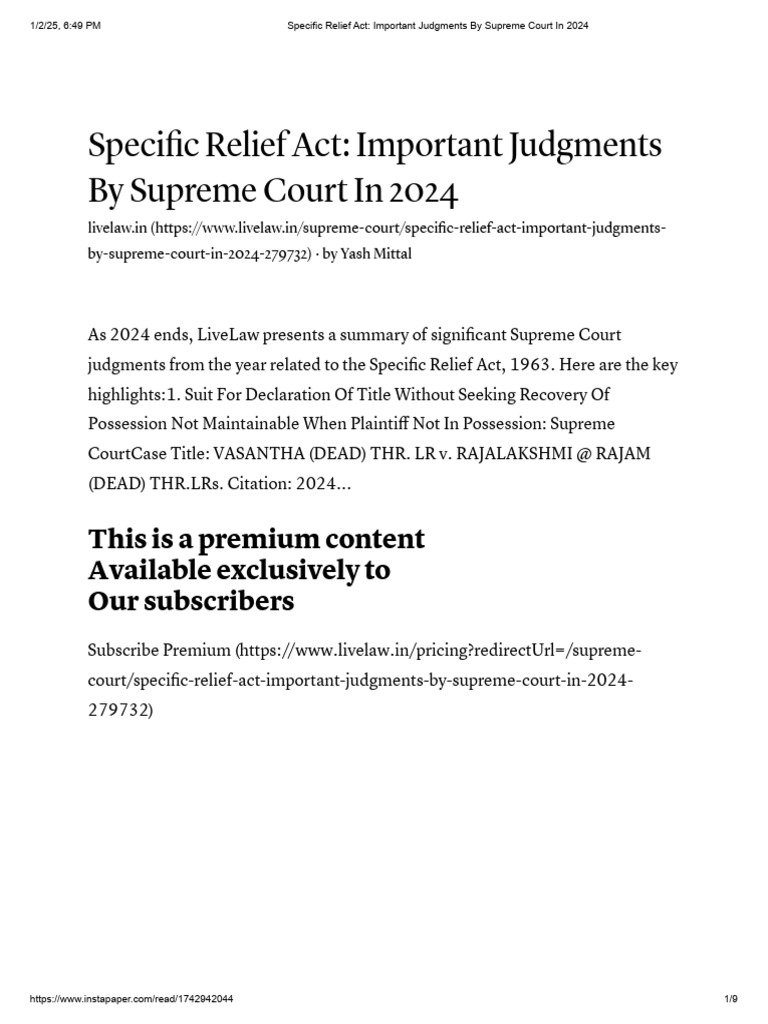 Specific Relief Act - Important Judgments by Supreme Court in 2024 | PDF | Lawsuit | Supreme ...