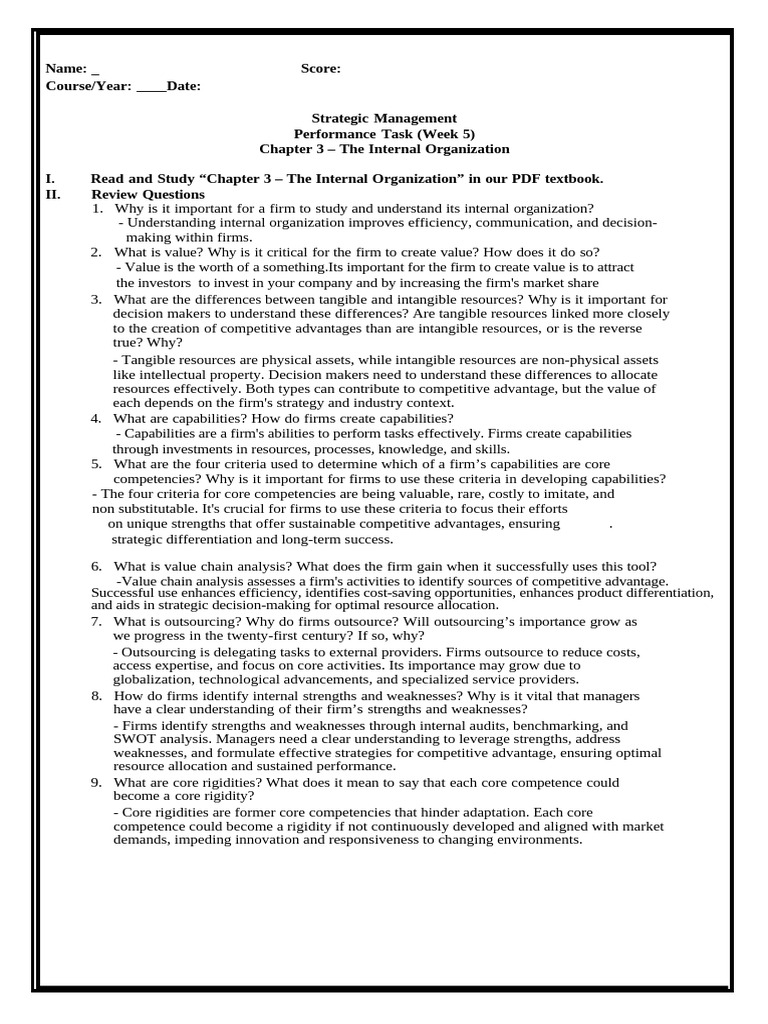 Strategic Management Performance Task Week 5 | PDF | Competitive Advantage | Outsourcing