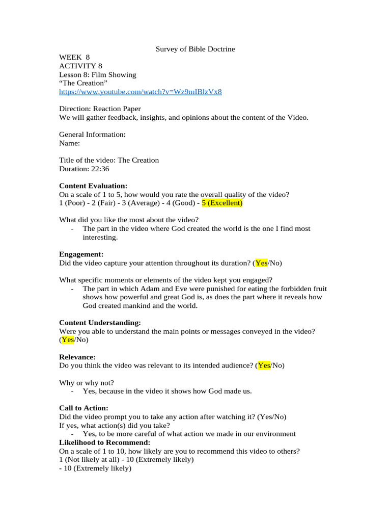 TH 321 ACTIVITY Week 8 Reaction Paper | PDF