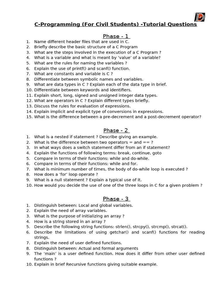 C - Tutorial Questions-1 | PDF