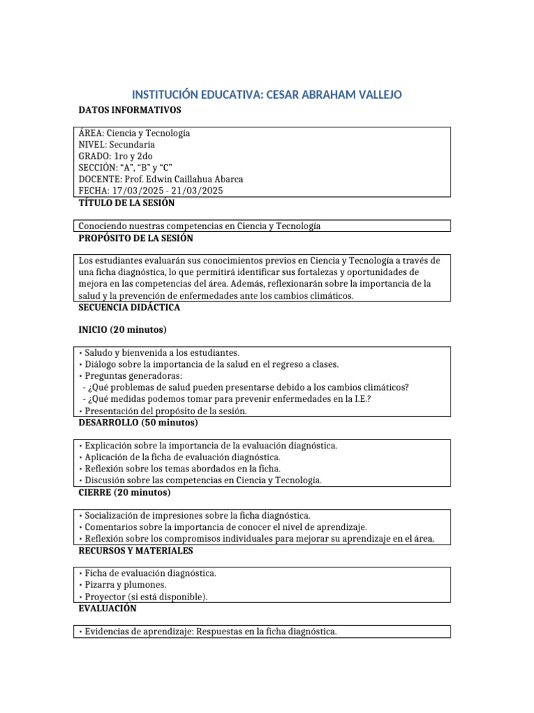 Sesion Aprendizaje CyT 1 | PDF