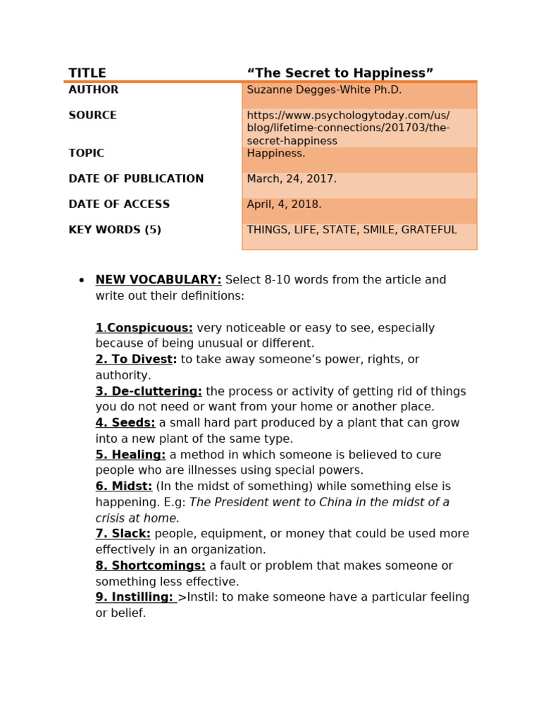 secret to happiness chart article 3 | PDF | Happiness | Psychology