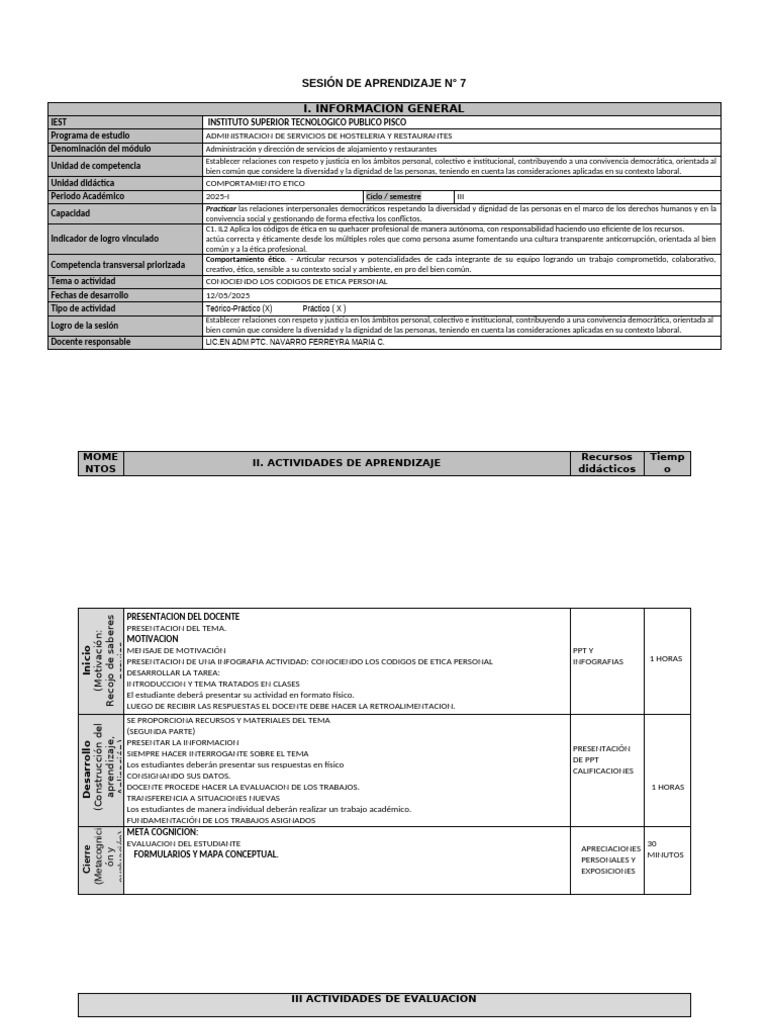 SESION DE APRENDIZAJE N°7 COMPORTAMIENTO ETICO | PDF | Evaluación | Maestros