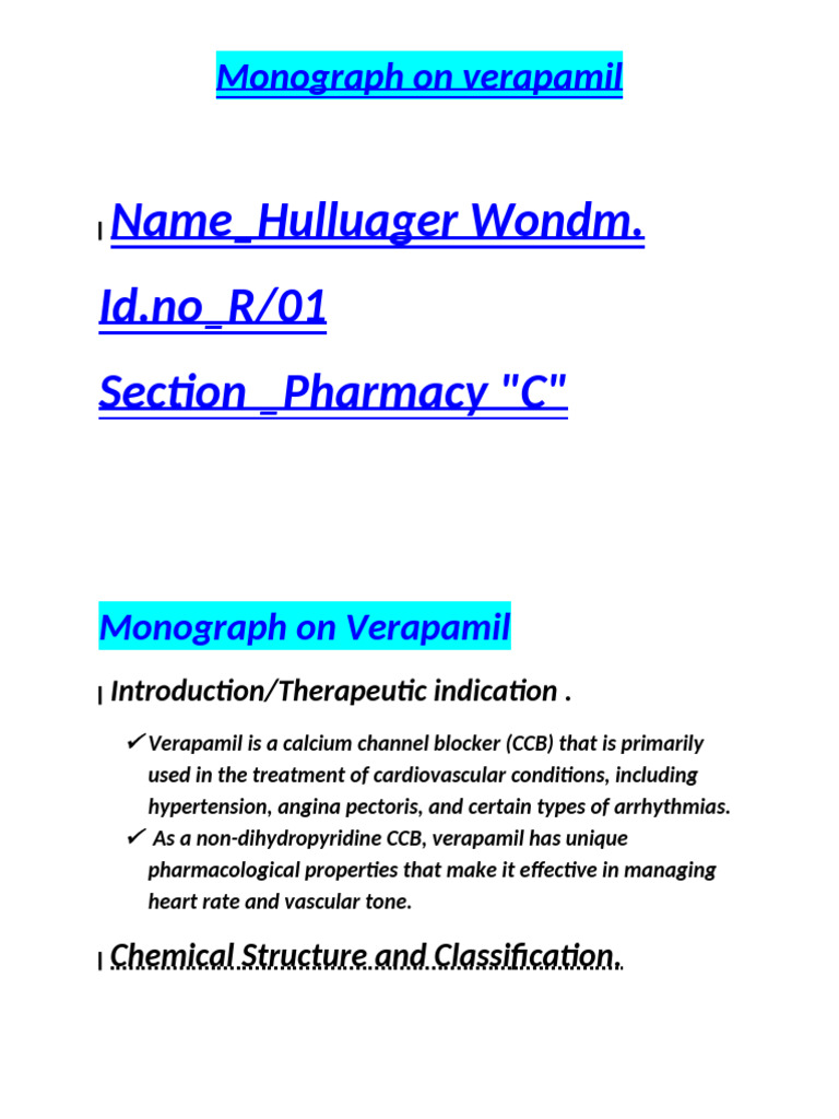 Monograph on Verapamil | PDF | Pharmacology | Internal Medicine