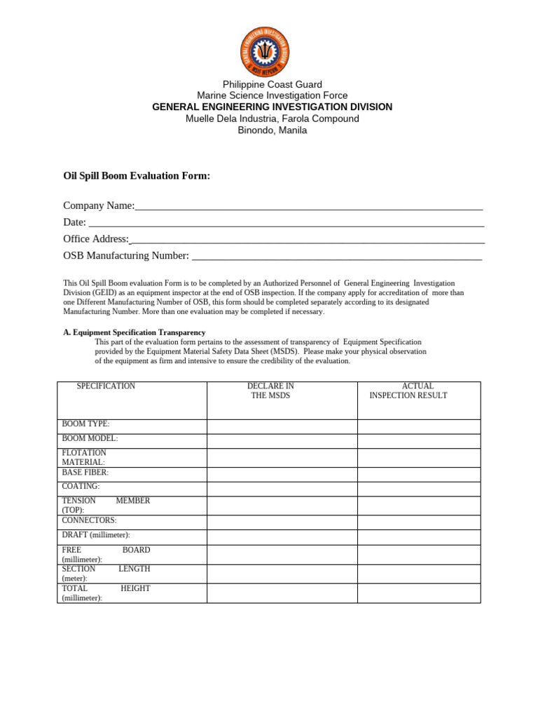 Oil Spill Boom Evaluation Form | PDF | Buoyancy | Mechanical Engineering