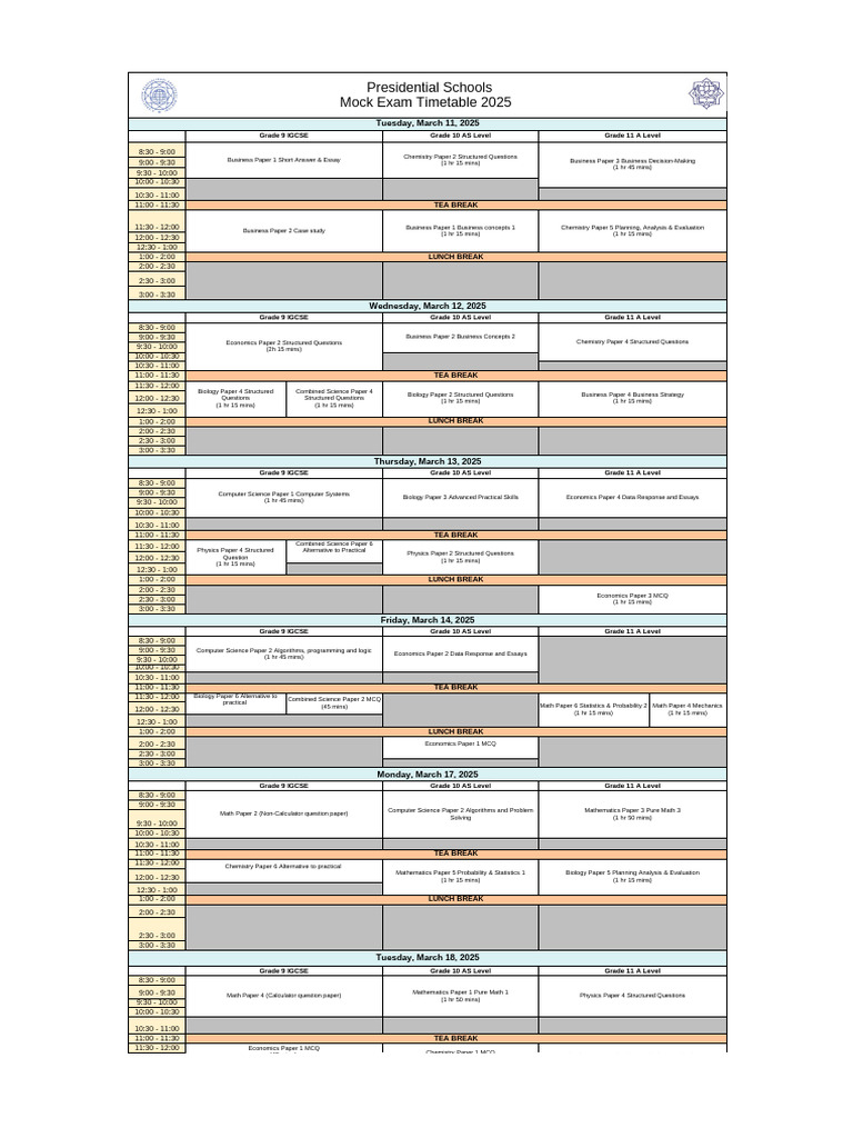 2025 Mock Exam Timetable Overview | PDF | Mathematics | Computer Science