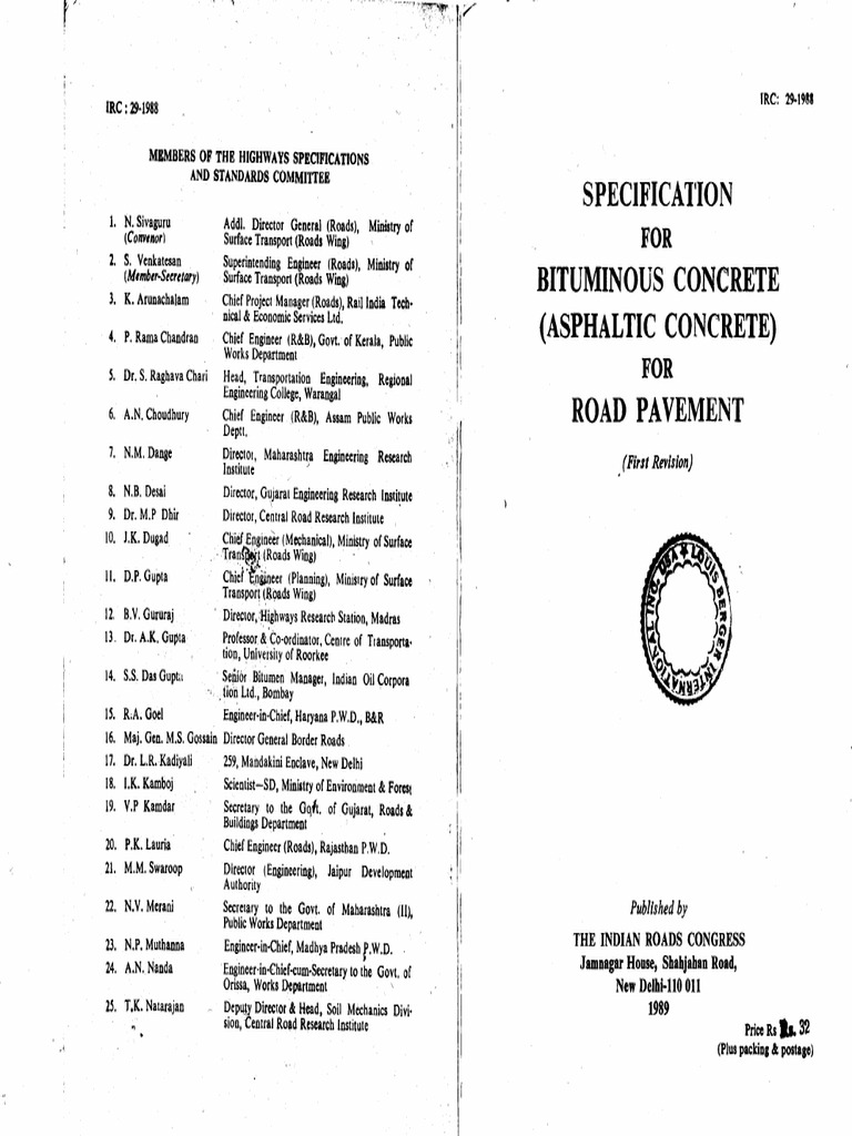 IRC 29 - 1988 - Specification for Bituminous Concrete (Asphaltic) for ...