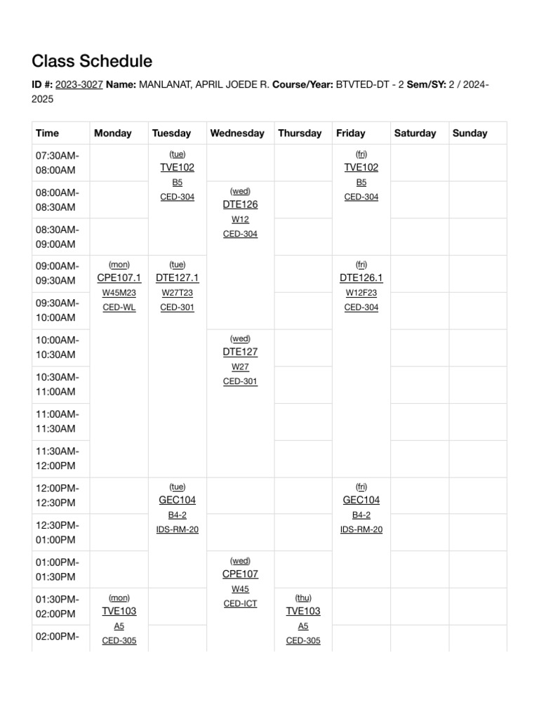 IIT Class Schedule 2024-2025 | PDF