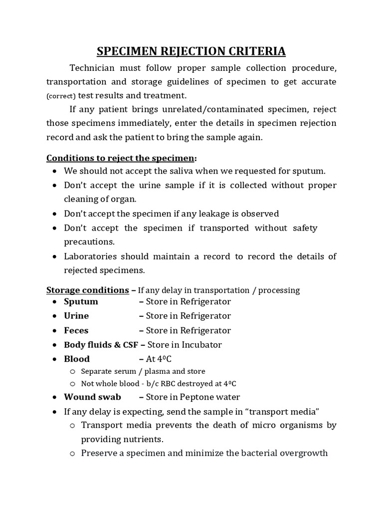 13. Specimen Rejection Criteria & Storage | PDF