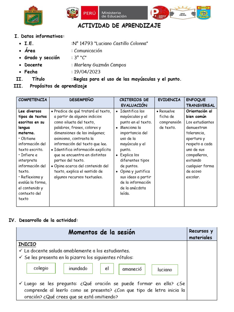 Sesion Comunicaciòn Reglas para El Uso de La Mayuscula y El Punto ...