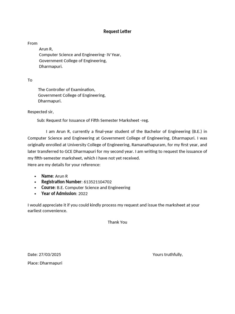 Request for Fifth Semester Marksheet | PDF