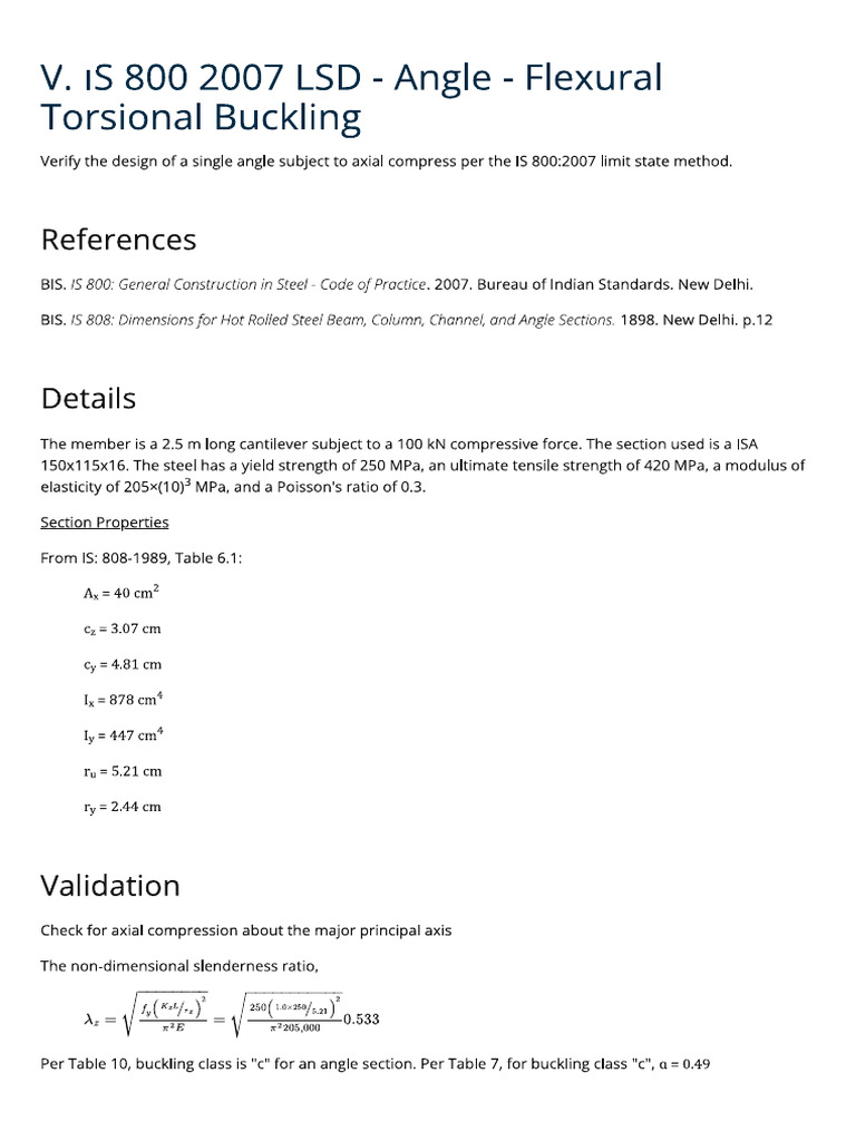 IS 800 2007 LSD - Angle - Flexural Torsional Buckling | PDF
