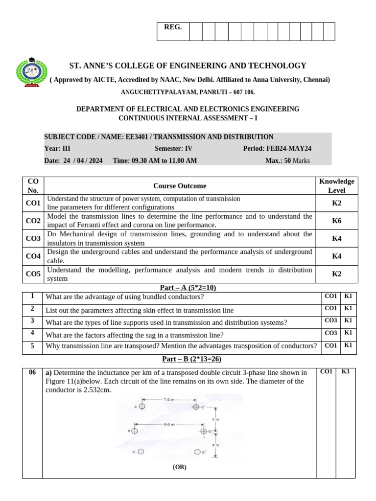 2022-EEE-4-CIA-I-EE3401-TRANSMISSION AND DISTRIBUTION-967710153-CIA 1 TD Reg 21 | PDF | Electric ...