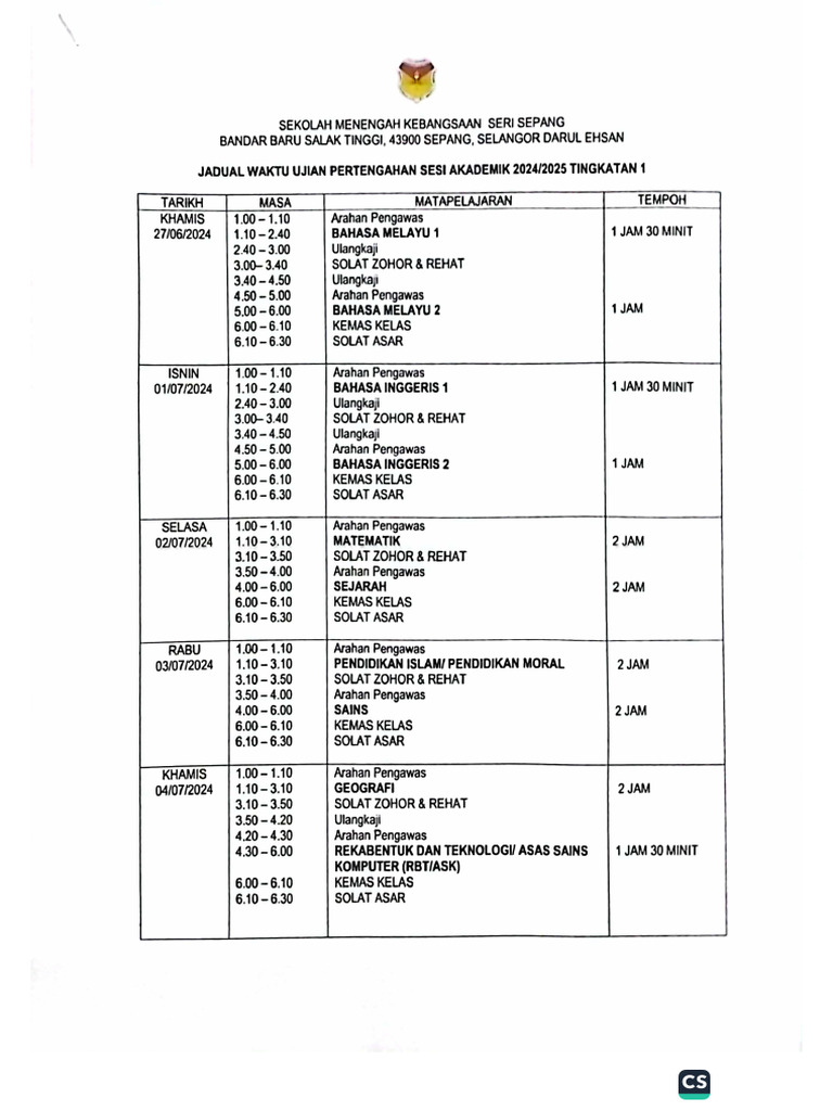 JADUAL UPSA 2024 (TINGKATAN 1) | PDF