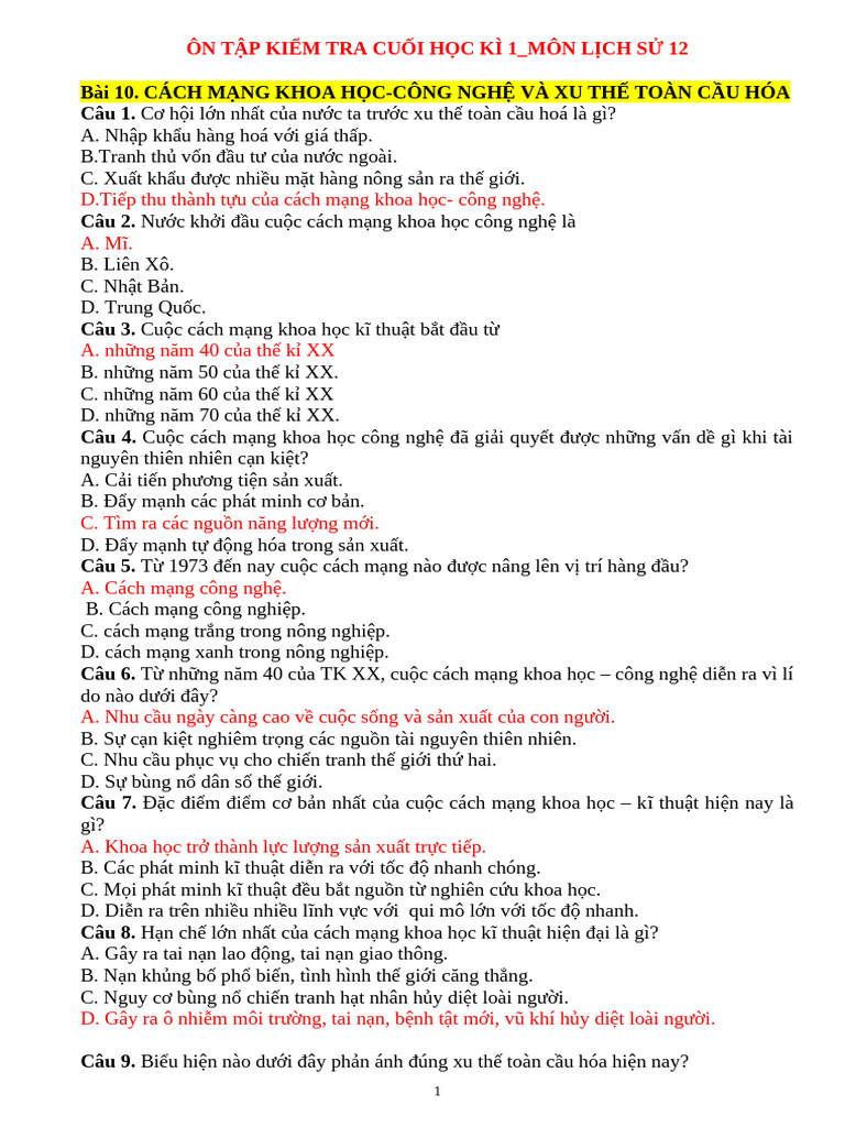 80 CÂU - ĐỀ CƯƠNG - ôn tập KTCK1 - sử 12 (1) - Có đáp án | PDF