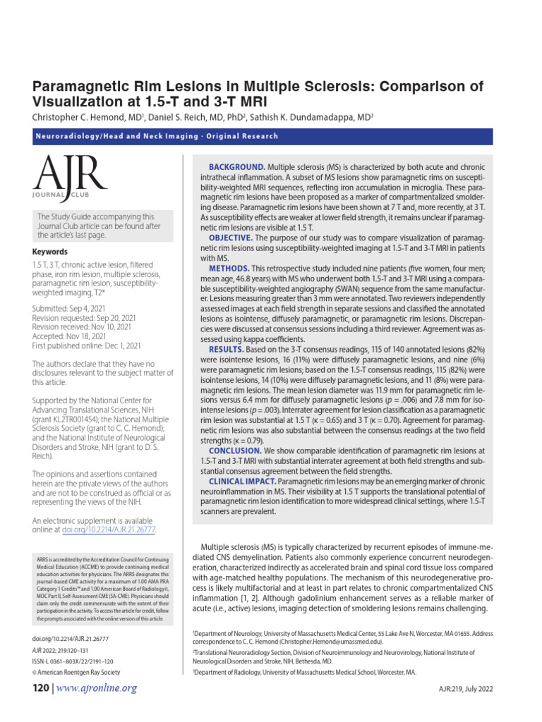 Hemond Et Al 2021 Paramagnetic Rim Lesions in Multiple Sclerosis ...