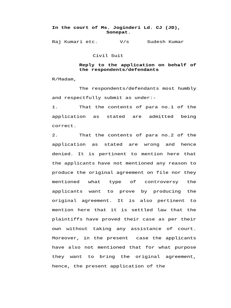 Raj Kumari Vs Sudesh Kumar Etc. Reply of Application | PDF | Common Law ...