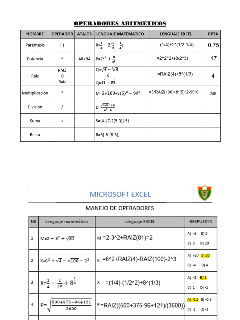 Operadores Aritméticos en Excel | PDF | Aritmética | Matemática Elemental