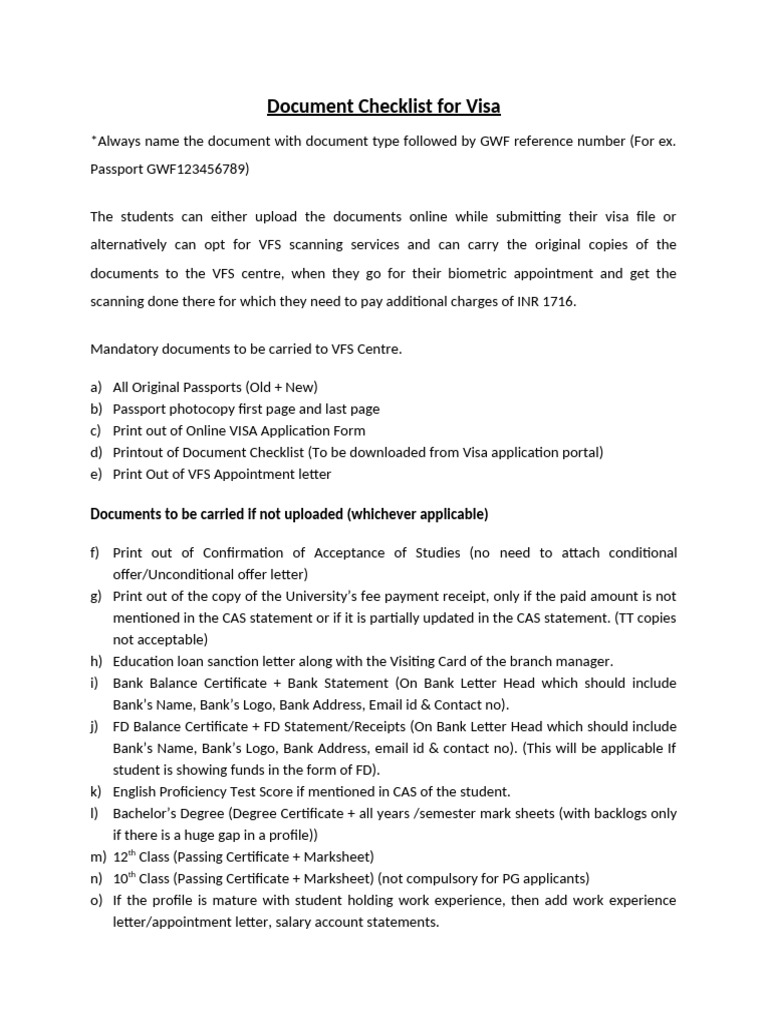 Document Checklist Pdf Banks Visa Inc