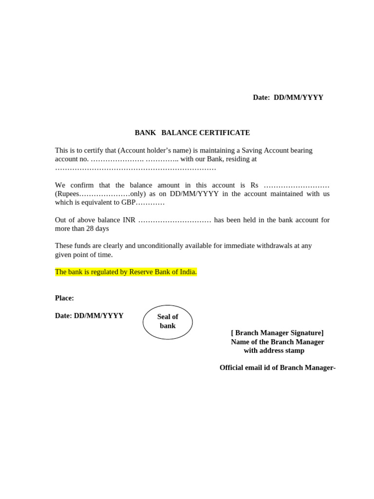 Sample Bank Balance Certificate | PDF