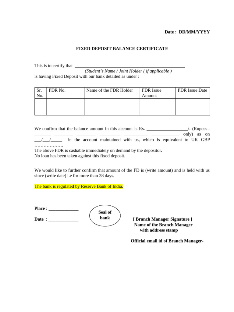 Sample Fixed Deposit Balance Certificate | PDF | Banks | Personal Finance