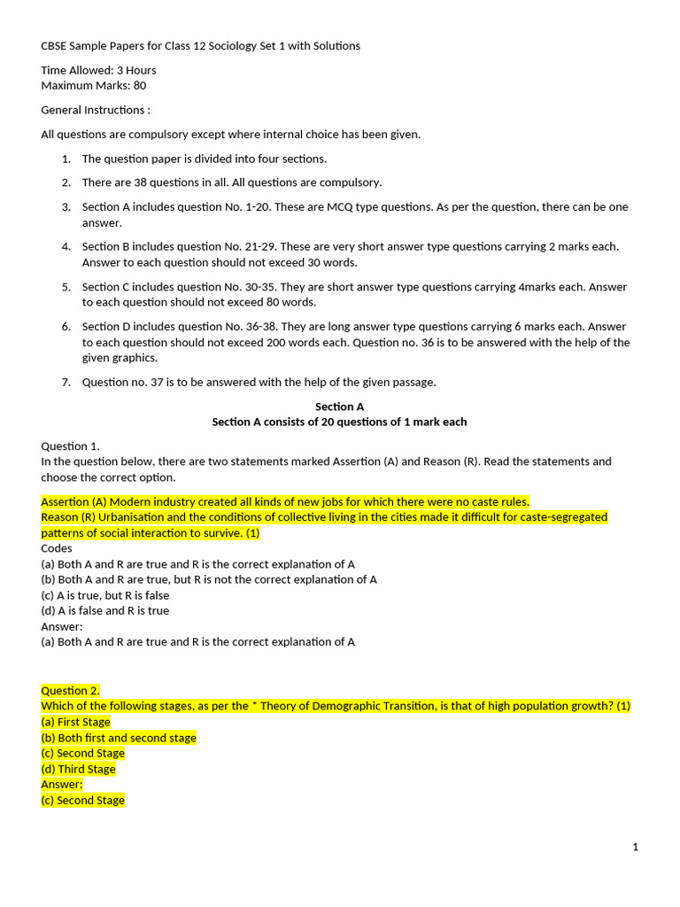 CBSE Sample Papers For Class 12 Sociology Set 1 | PDF | Question ...